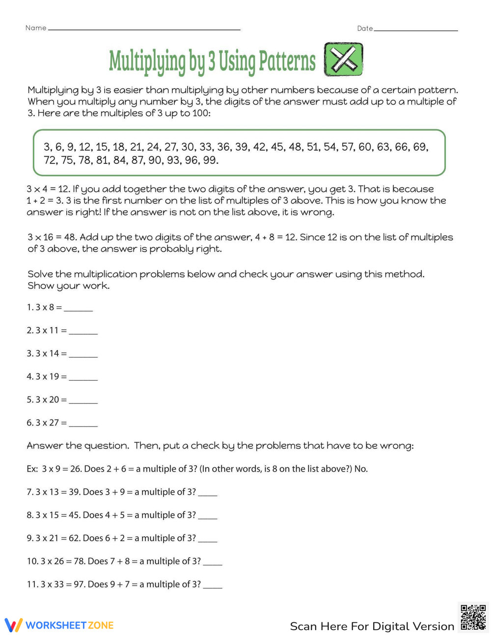 Multiplying By 3 Using Patterns Worksheet