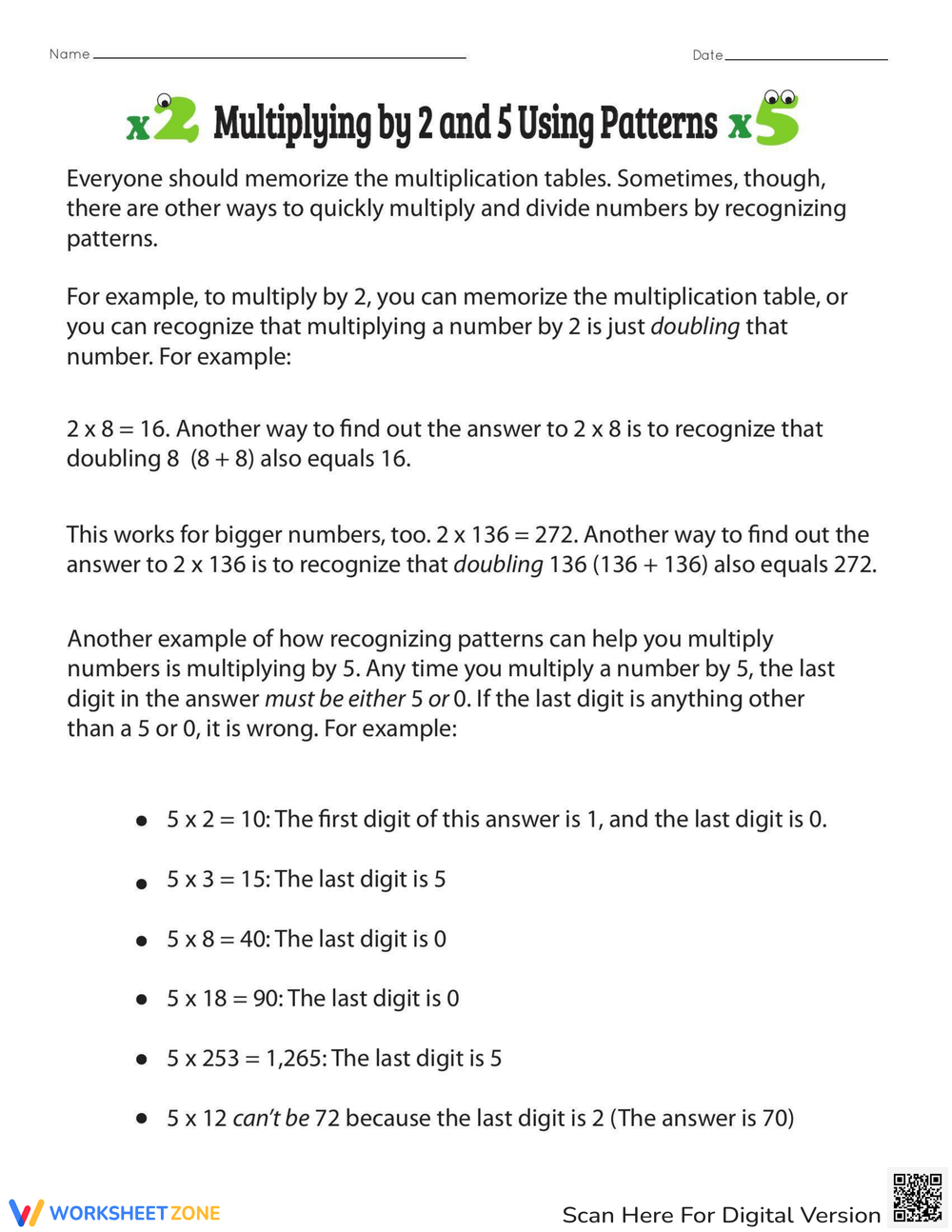 Multiplying By 2 And 5 Using Patterns Worksheet