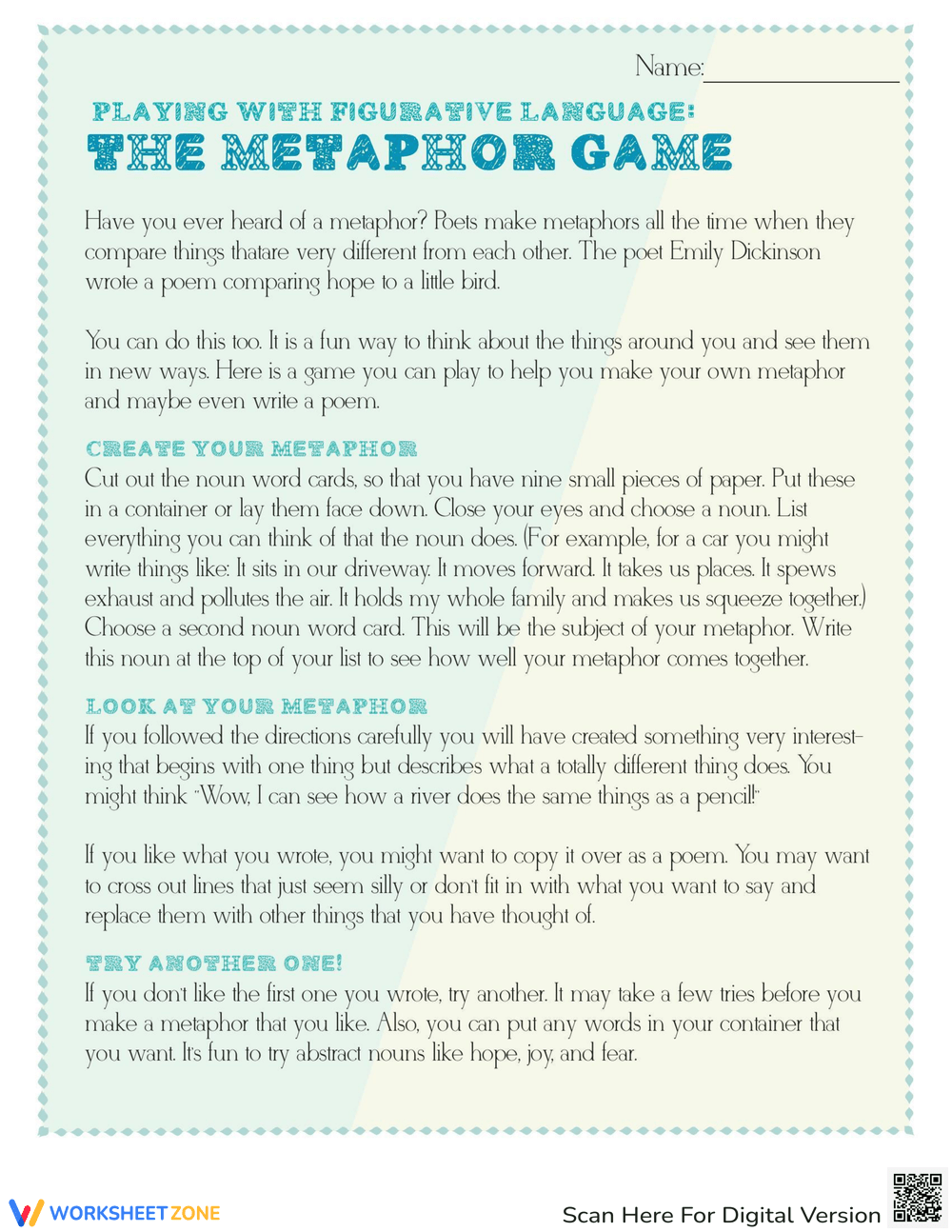Metaphor Game Worksheet