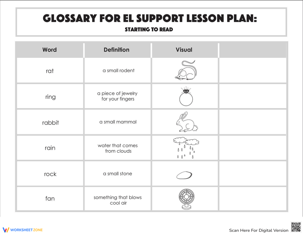 Glossary: Starting To Read Worksheet