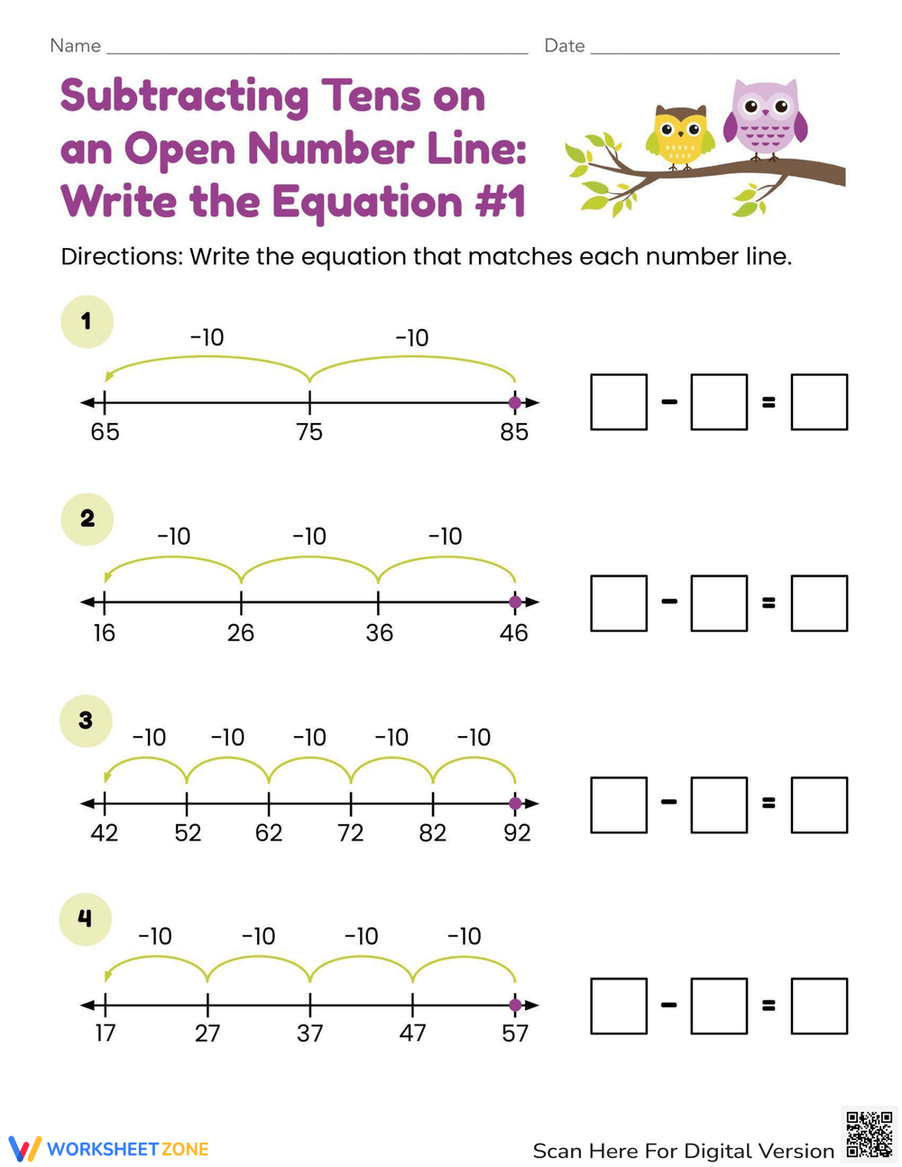 Subtracting Tens On An Open Number Line Write The Equation 1 Worksheet