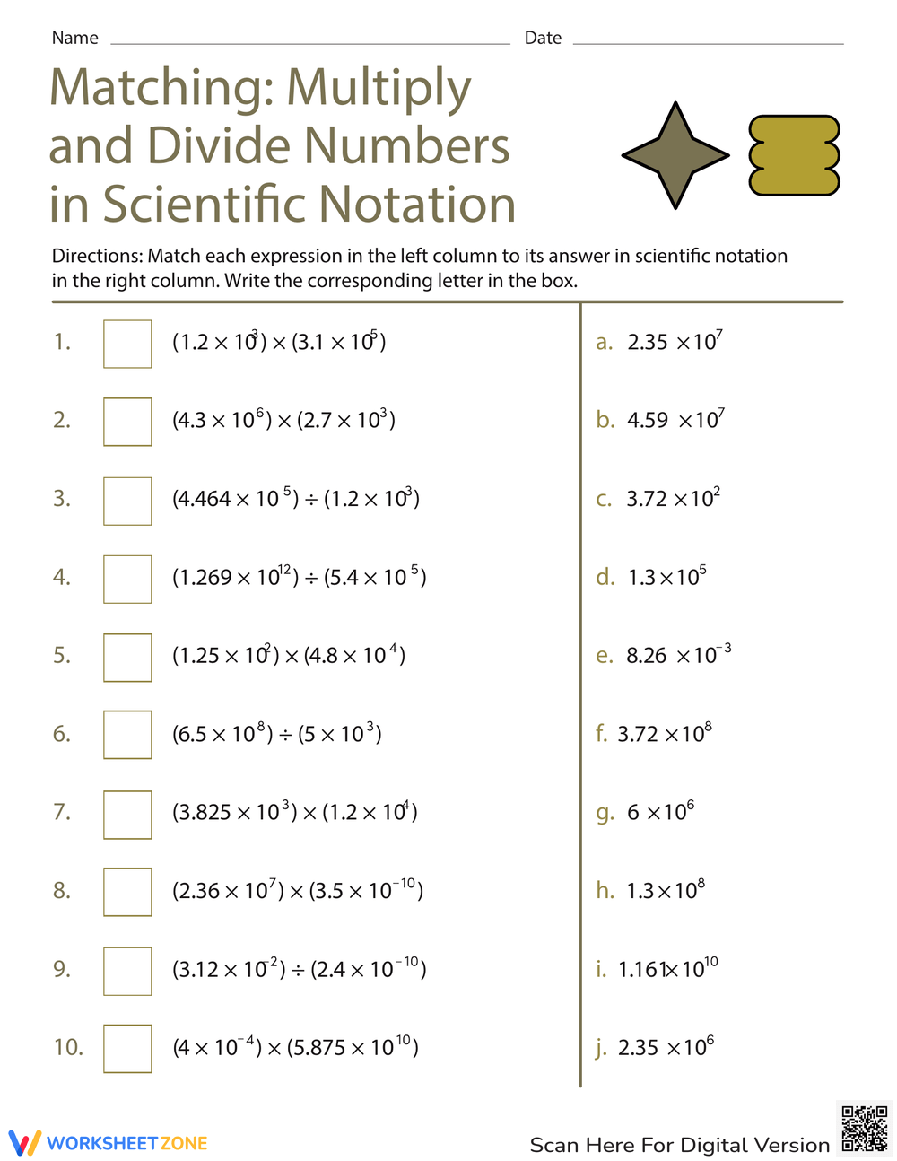 Matching Multiply And Divide Numbers In Scientific Notation Worksheet