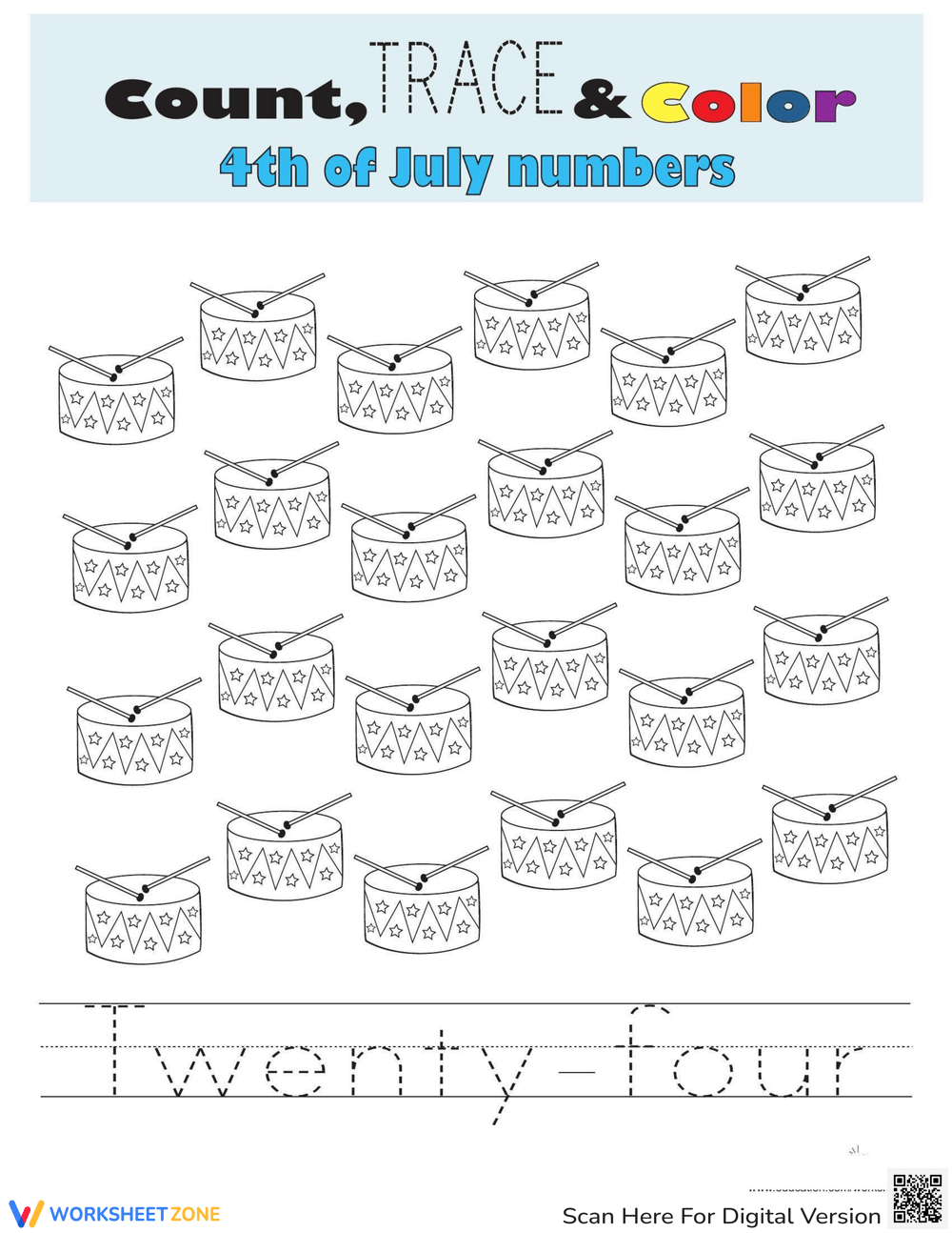 Count, Trace, Color: Twenty-four Worksheet