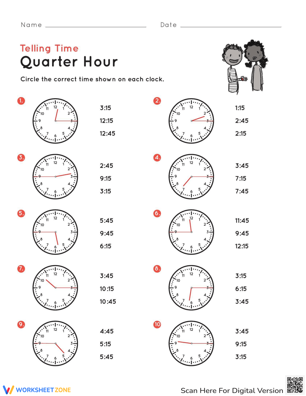 Telling Time On The Quarter Hour: Match It Worksheet Telling Time On The Quarter Hour: Match It Worksheet