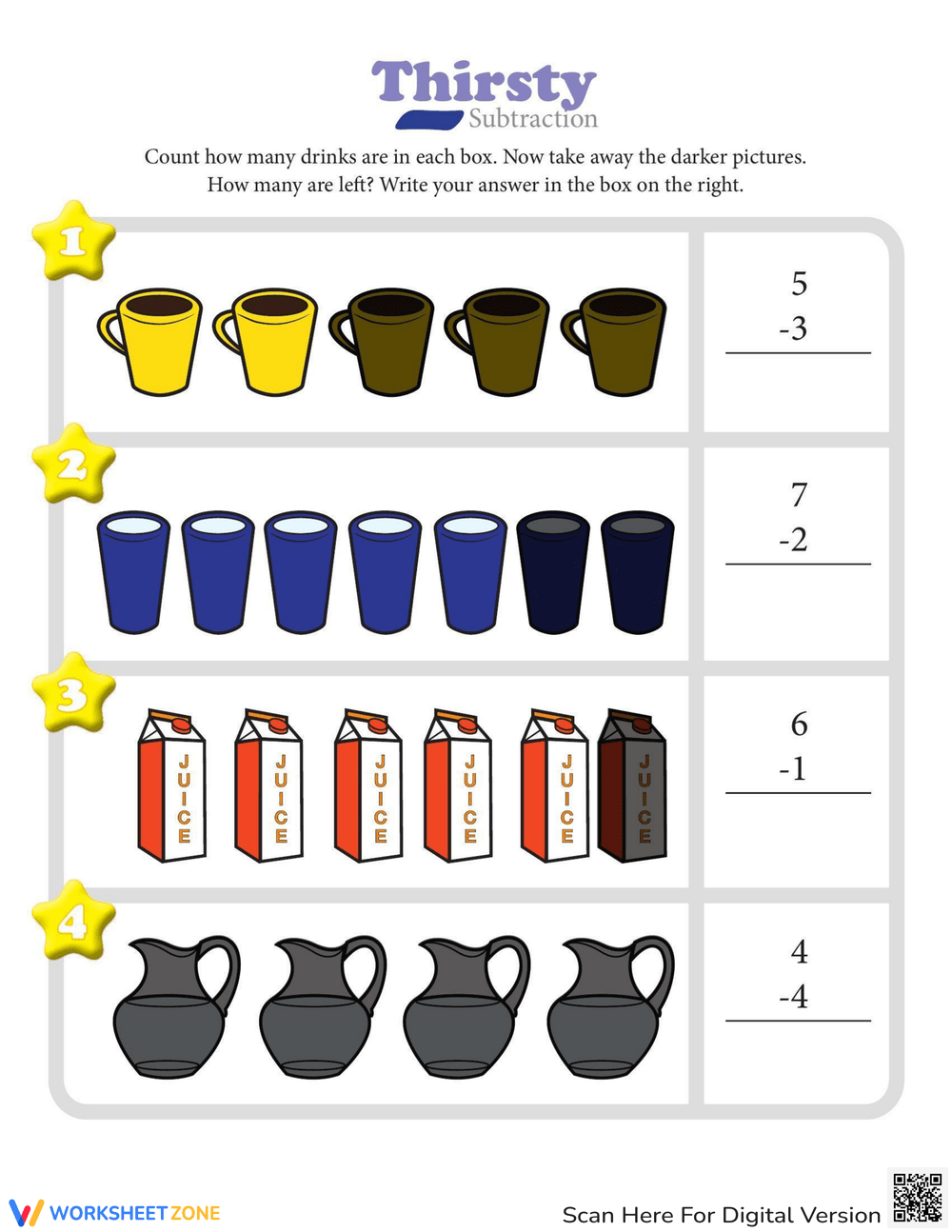 Thirsty Subtraction Worksheet