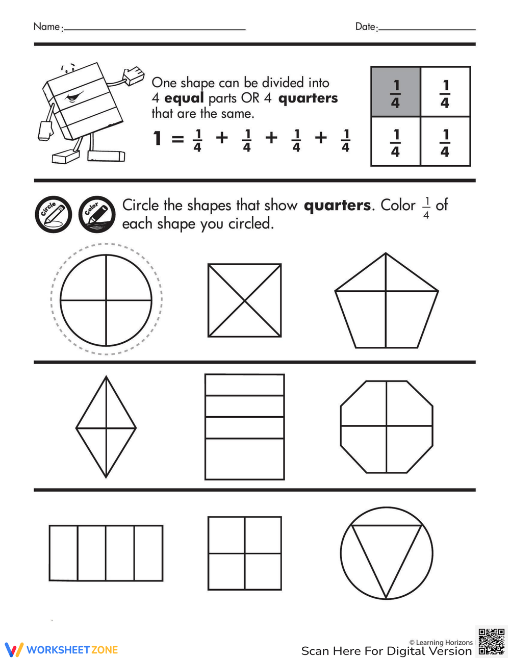 Shape Fractions: Quarters Worksheet Shape Fractions: Quarters Worksheet