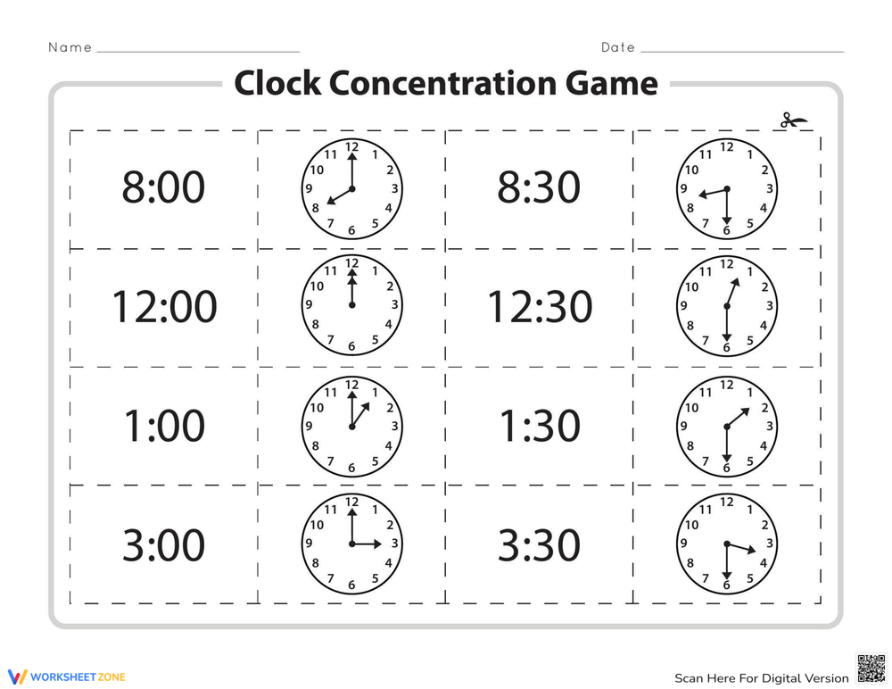 Clock Concentration Game Worksheet
