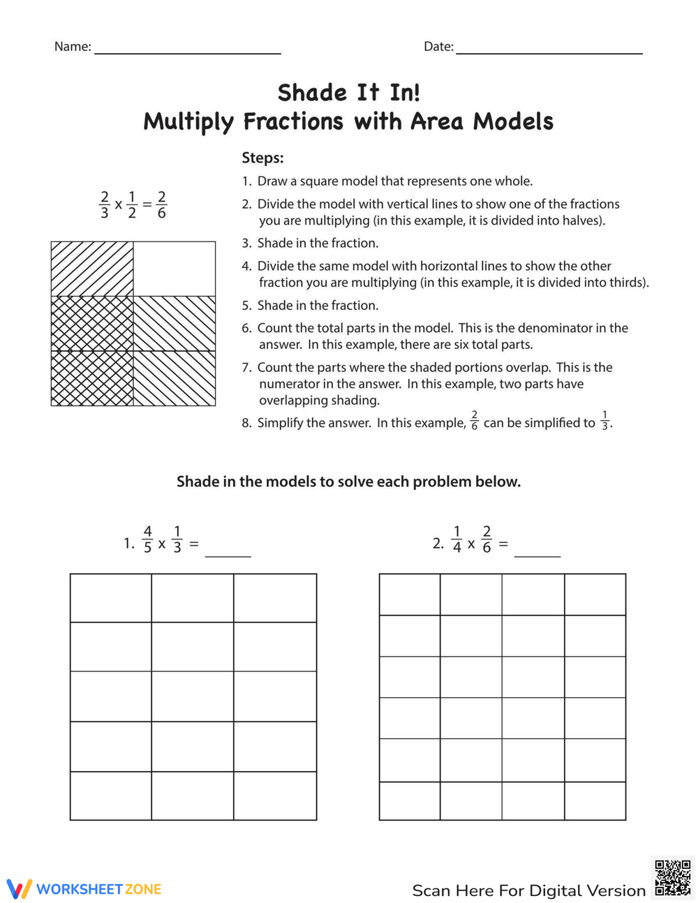 Shade It In! Multiply Fractions With Area Models Worksheet Shade It In! Multiply Fractions With Area Models Worksheet