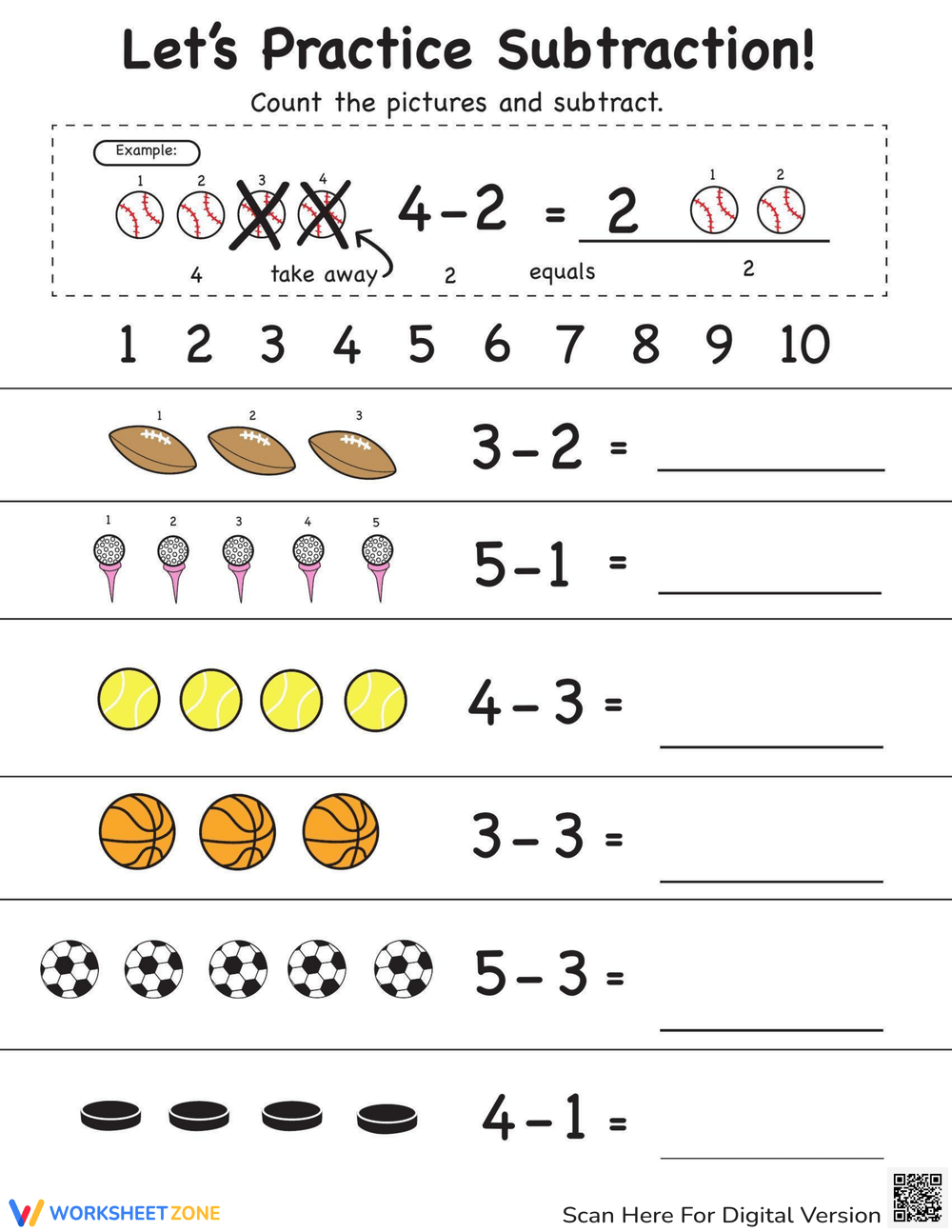 Beginning Subtraction: 1 To 5 Worksheet
