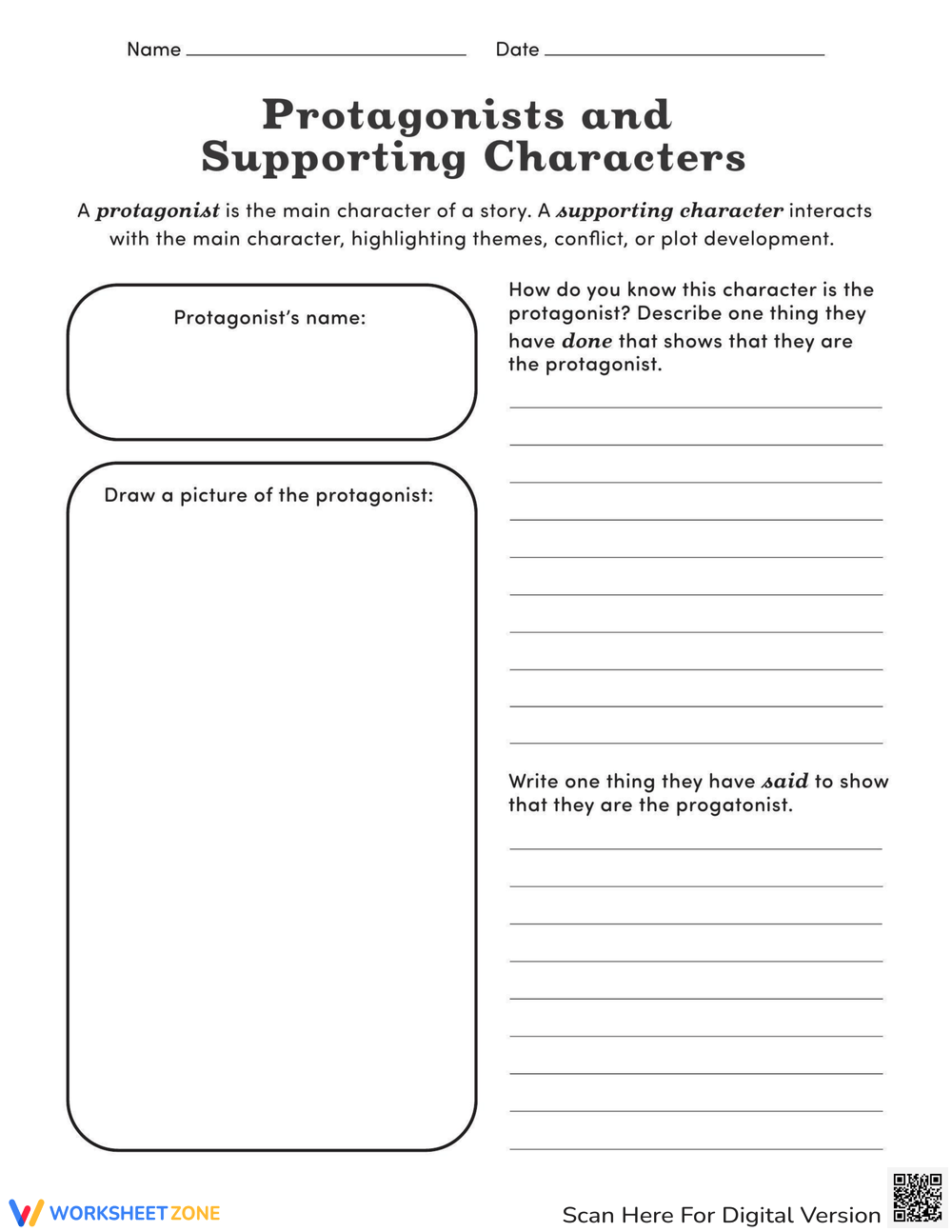 Protagonists And Supporting Characters Worksheet