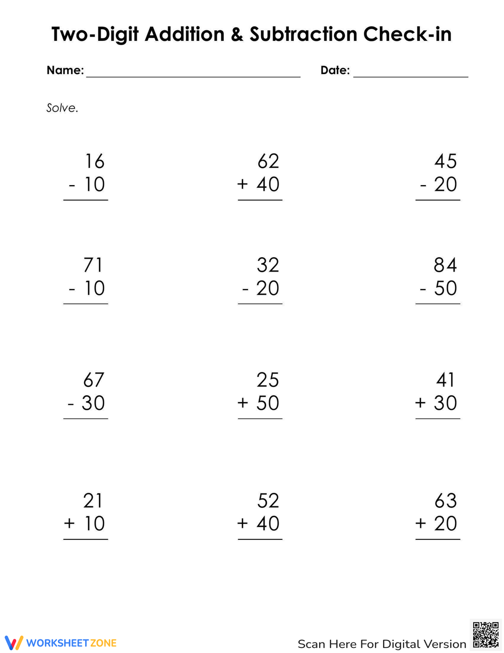 Two Digit Addition And Subtraction Check in Worksheet