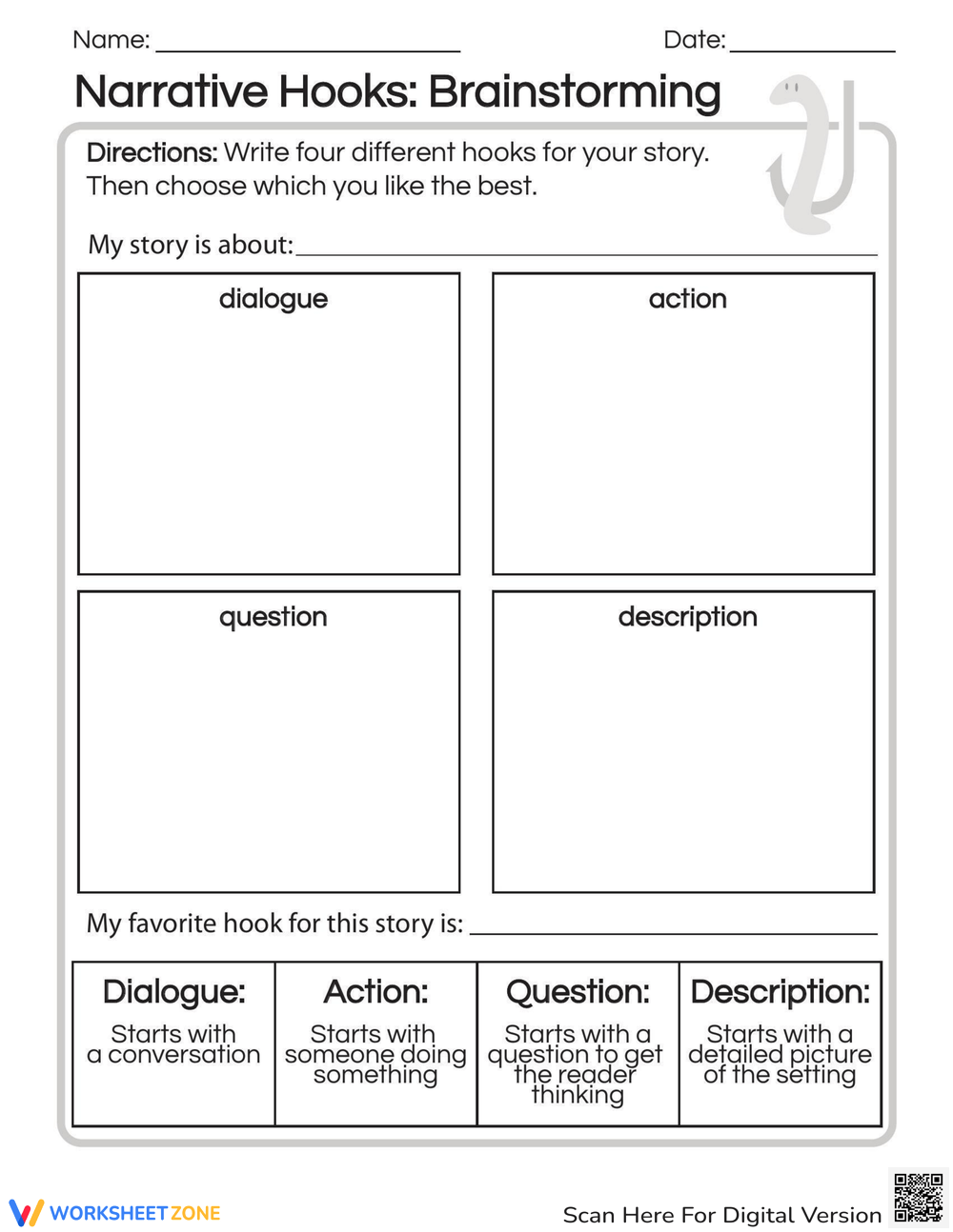 Narrative Hooks: Brainstorming Worksheet Narrative Hooks: Brainstorming Worksheet