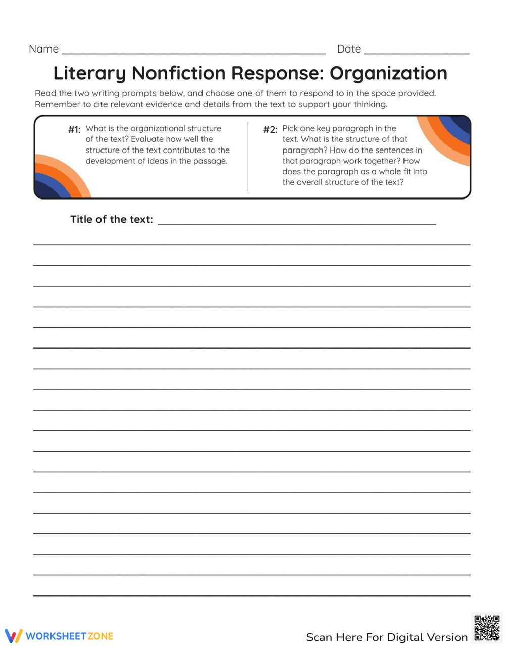 Literary Nonfiction Response Prompt: Organization Worksheet Literary Nonfiction Response Prompt: Organization Worksheet