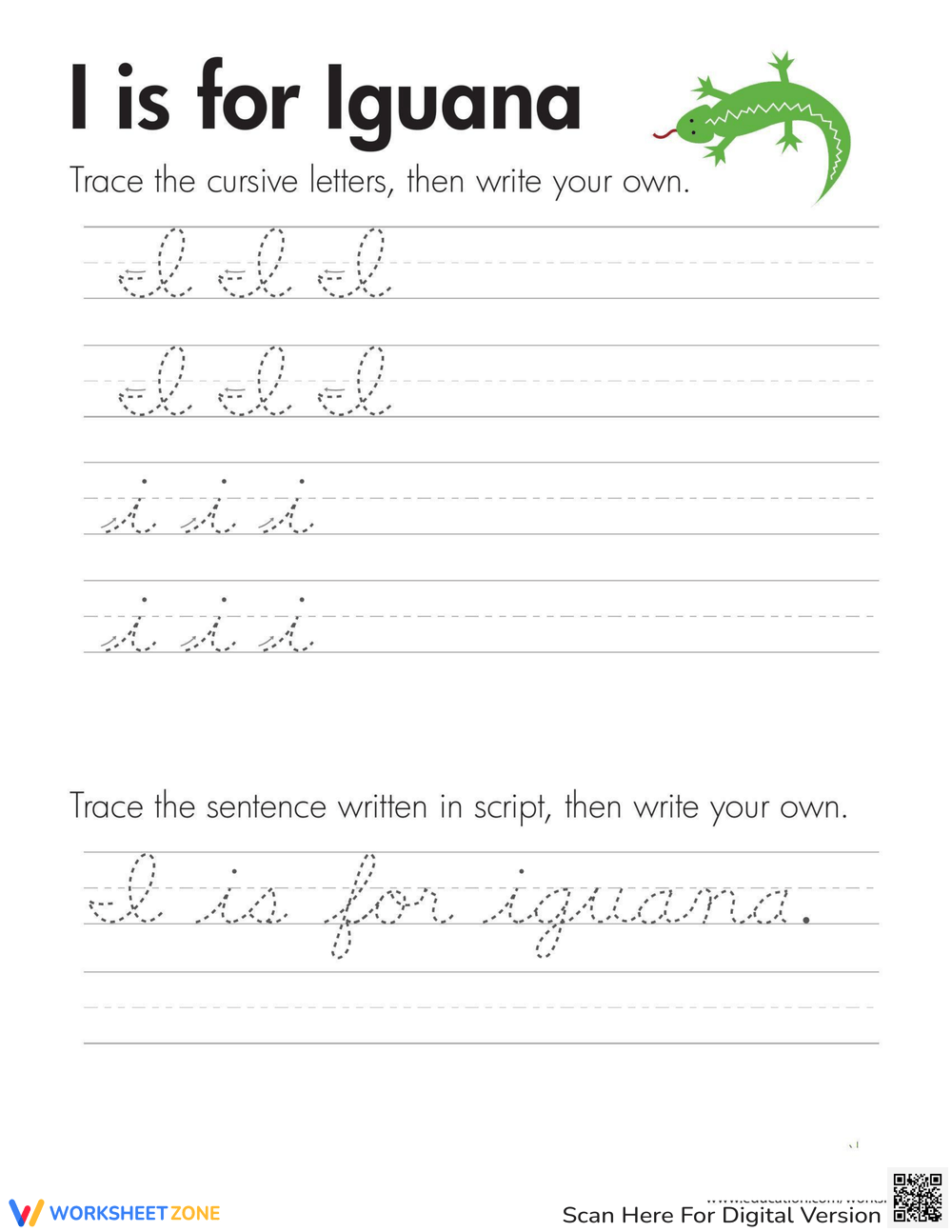 Cursive Handwriting: "I" Is For Iguana Worksheet