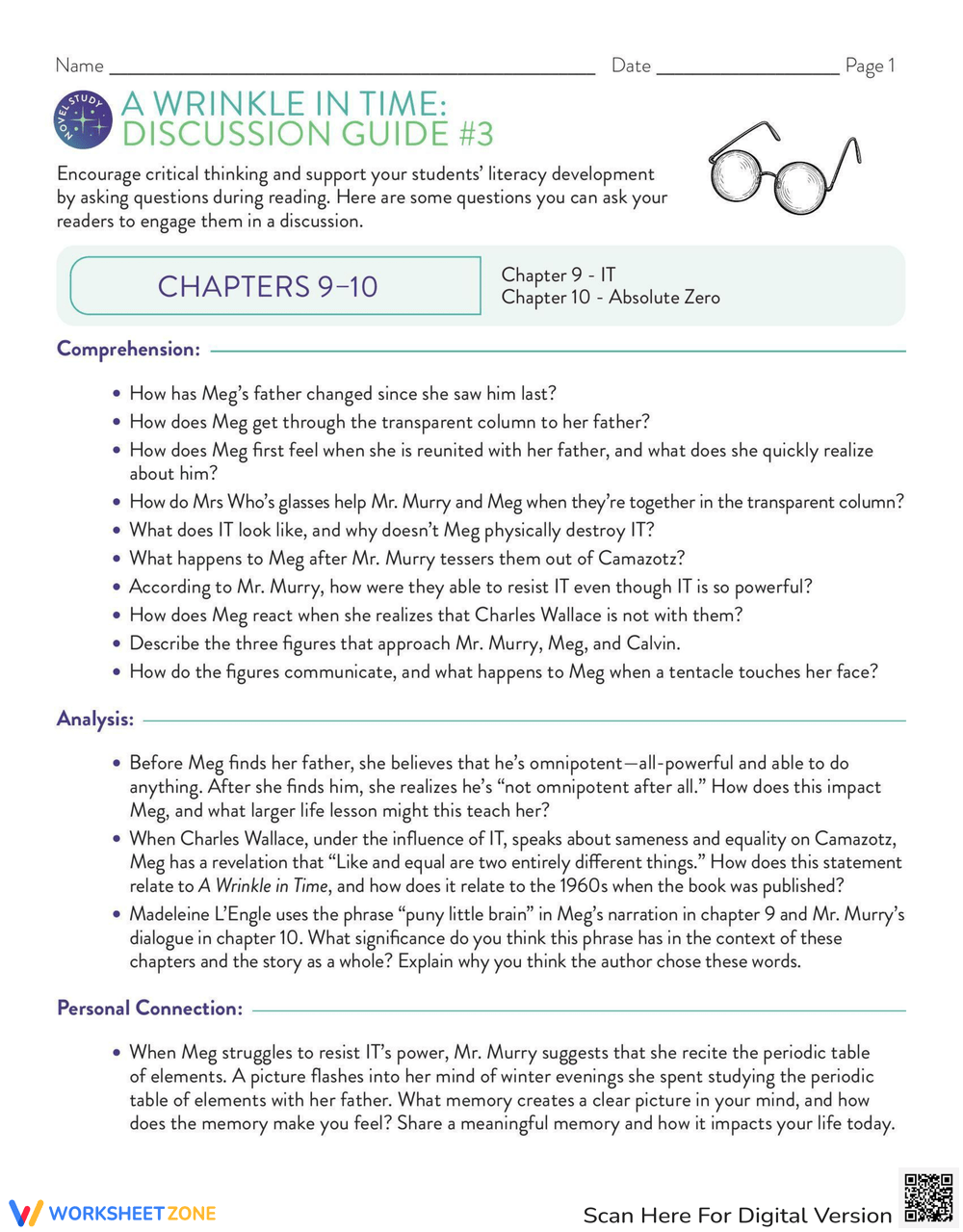 Novel Study: A Wrinkle In Time: Discussion Guide #3 Worksheet Novel Study: A Wrinkle In Time: Discussion Guide #3 Worksheet