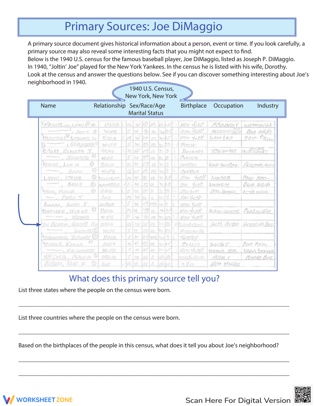 Primary Sources: Joe DiMaggio Worksheet