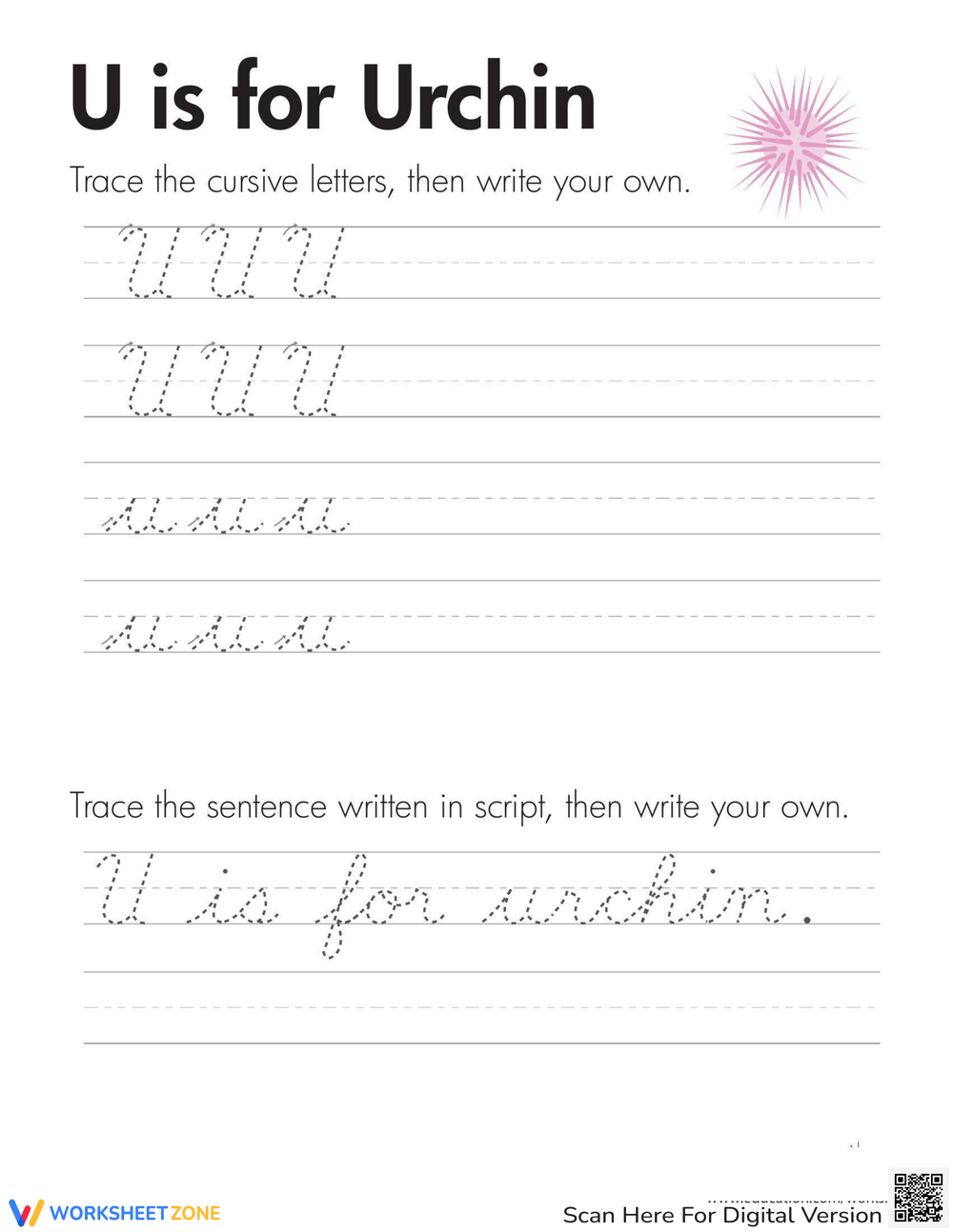 Cursive Handwriting: "U" Is For Urchin Worksheet