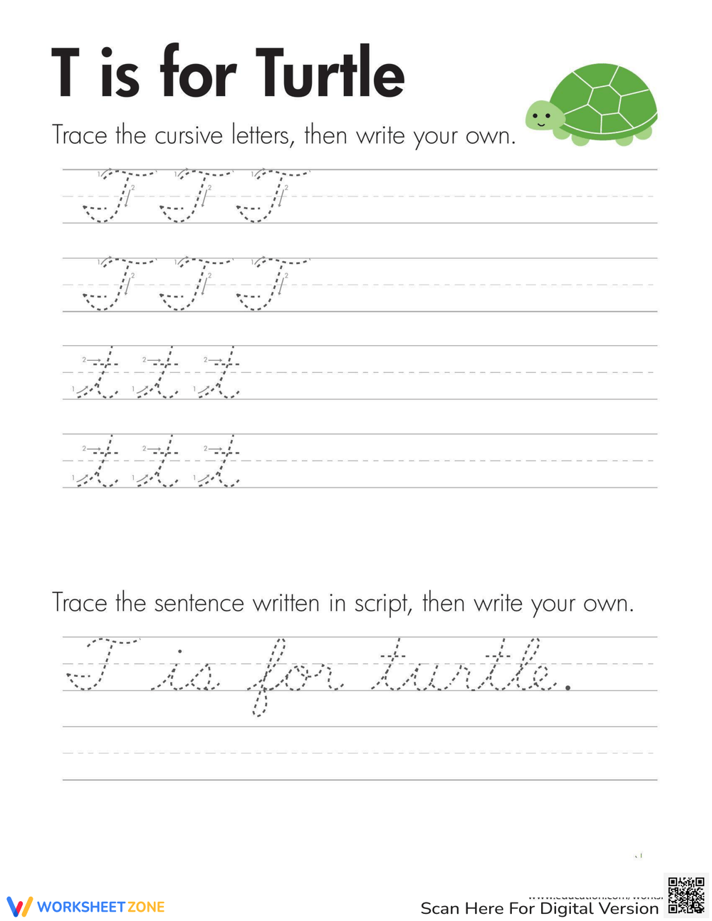 Cursive Handwriting: "T" Is For Turtle Worksheet