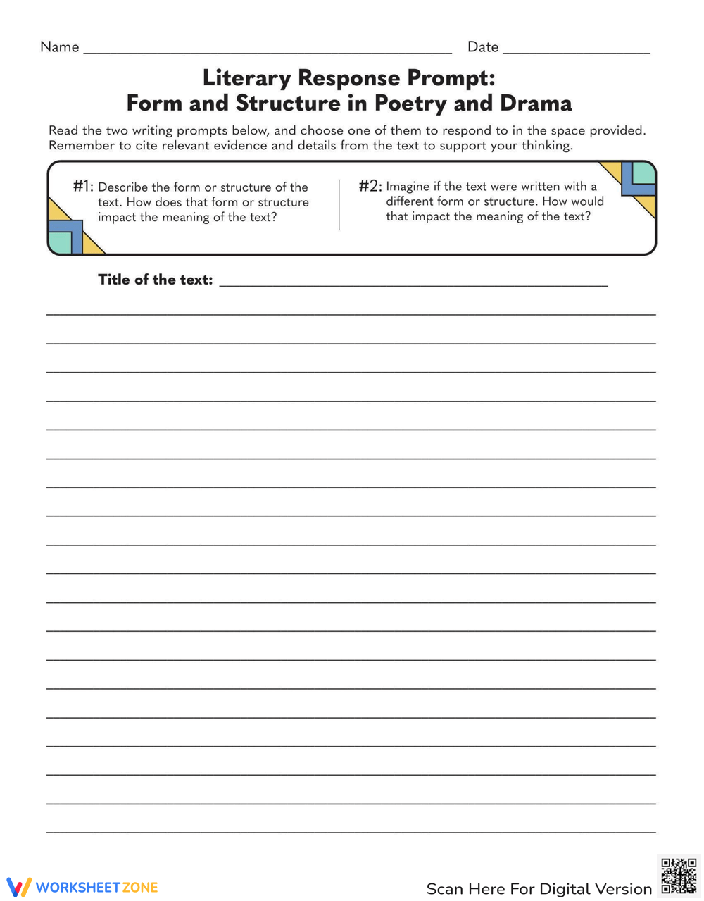 Literary Response Prompt: Form And Structure In Poetry And Drama Worksheet Literary Response Prompt: Form And Structure In Poetry And Drama Worksheet