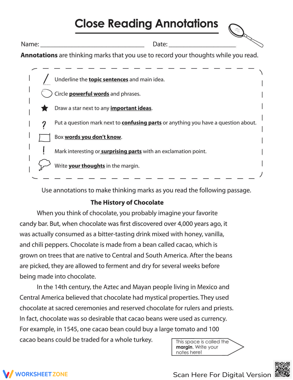 Close Reading Annotations Worksheet Close Reading Annotations Worksheet
