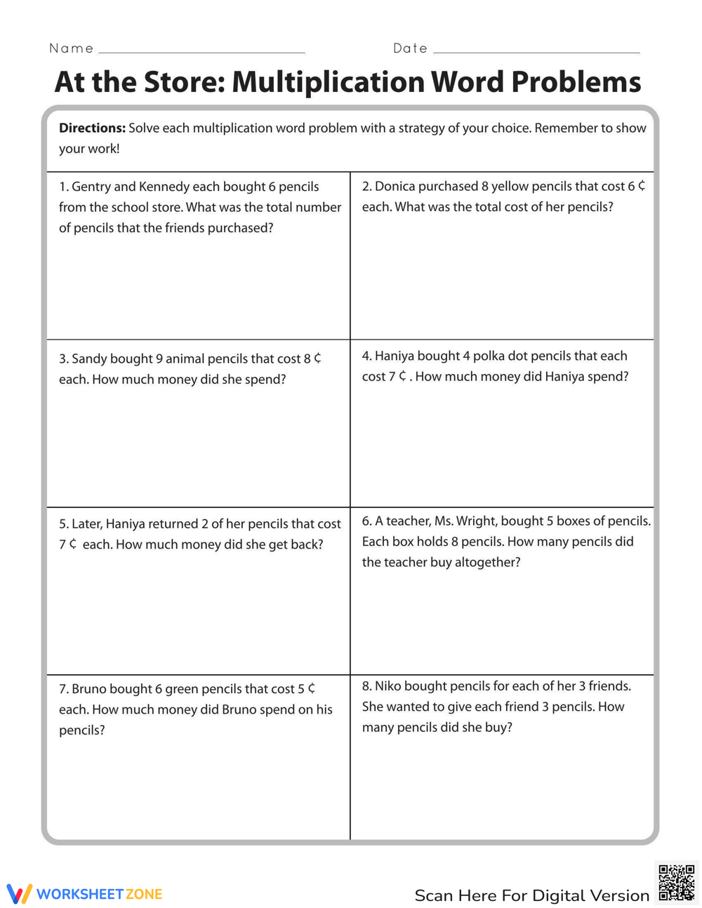 At The Store: Multiplication Word Problems Worksheet At The Store: Multiplication Word Problems Worksheet