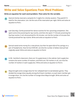 Write & Solve Equations from Word Problems Worksheets