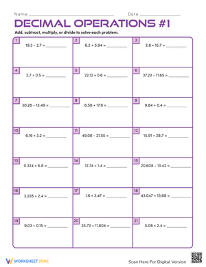 Decimal Operations: Adding and Subtracting Decimals Worksheets