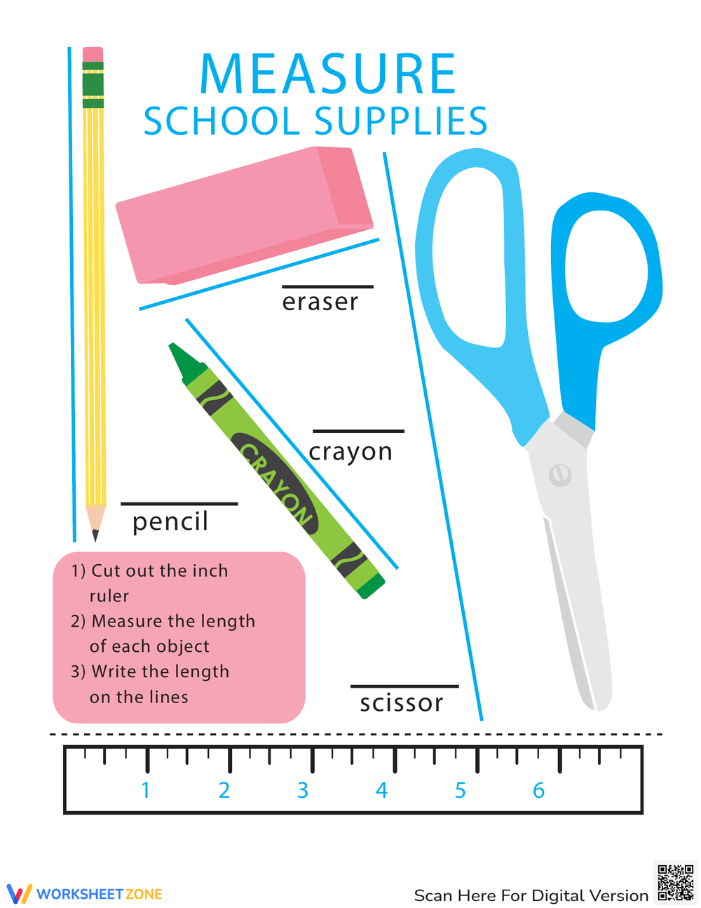 Length And Width Measure School Supplies Worksheet