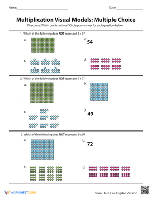 Visual Multiplication Multiple Choice Practice Worksheets