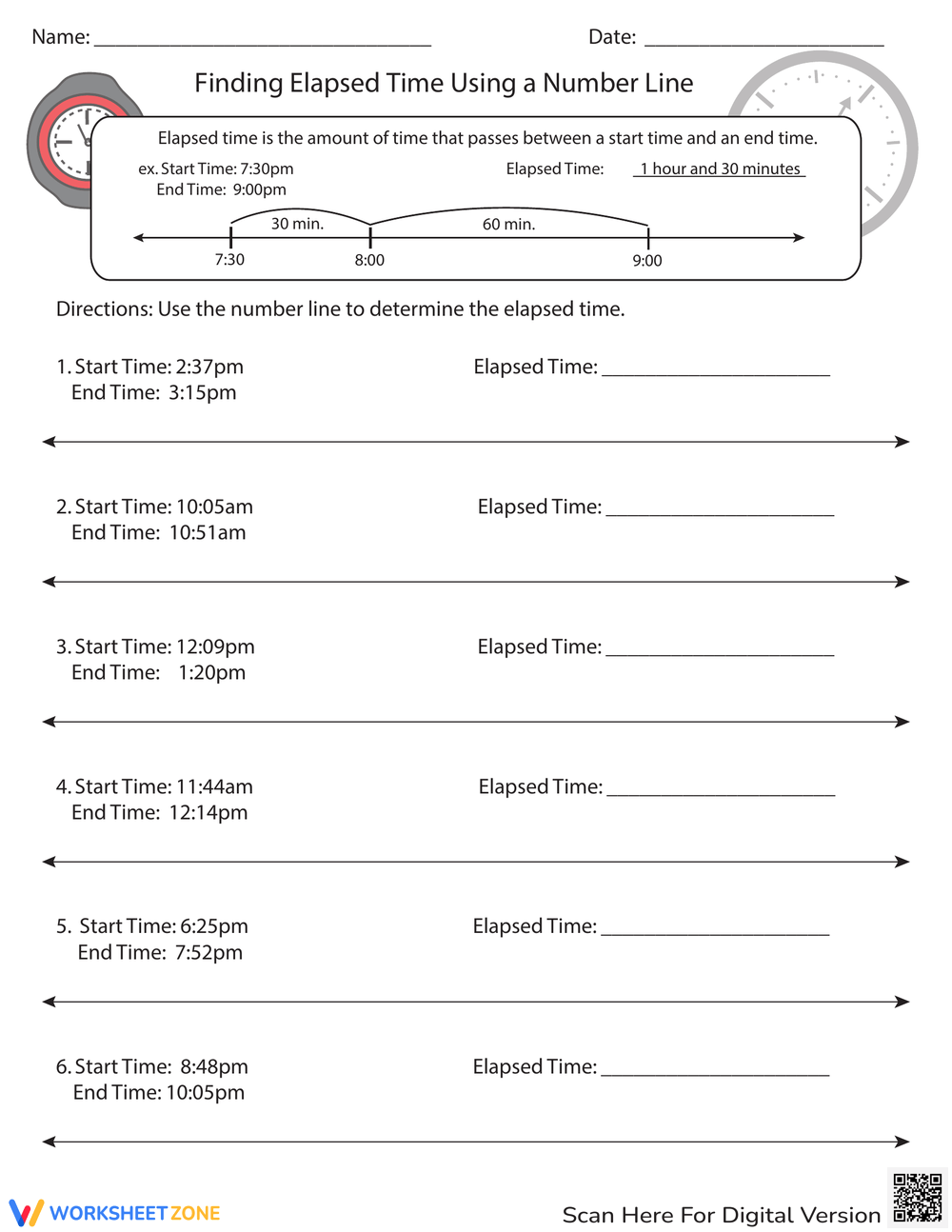 Finding Elapsed Time Using A Number Line Worksheet