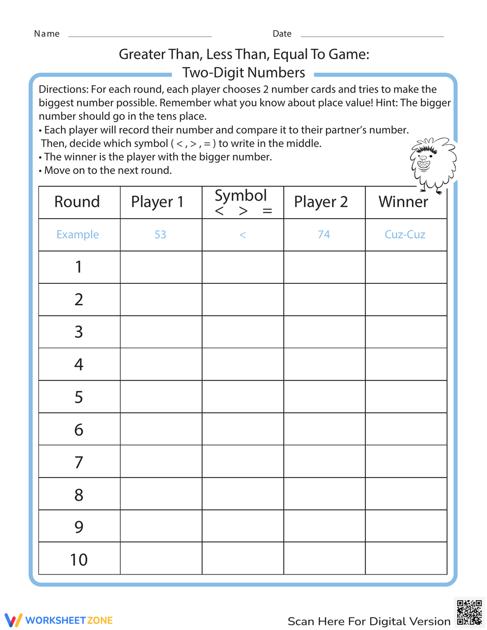 Greater Than, Less Than, Equal To Game: Two-Digit Numbers Worksheet
