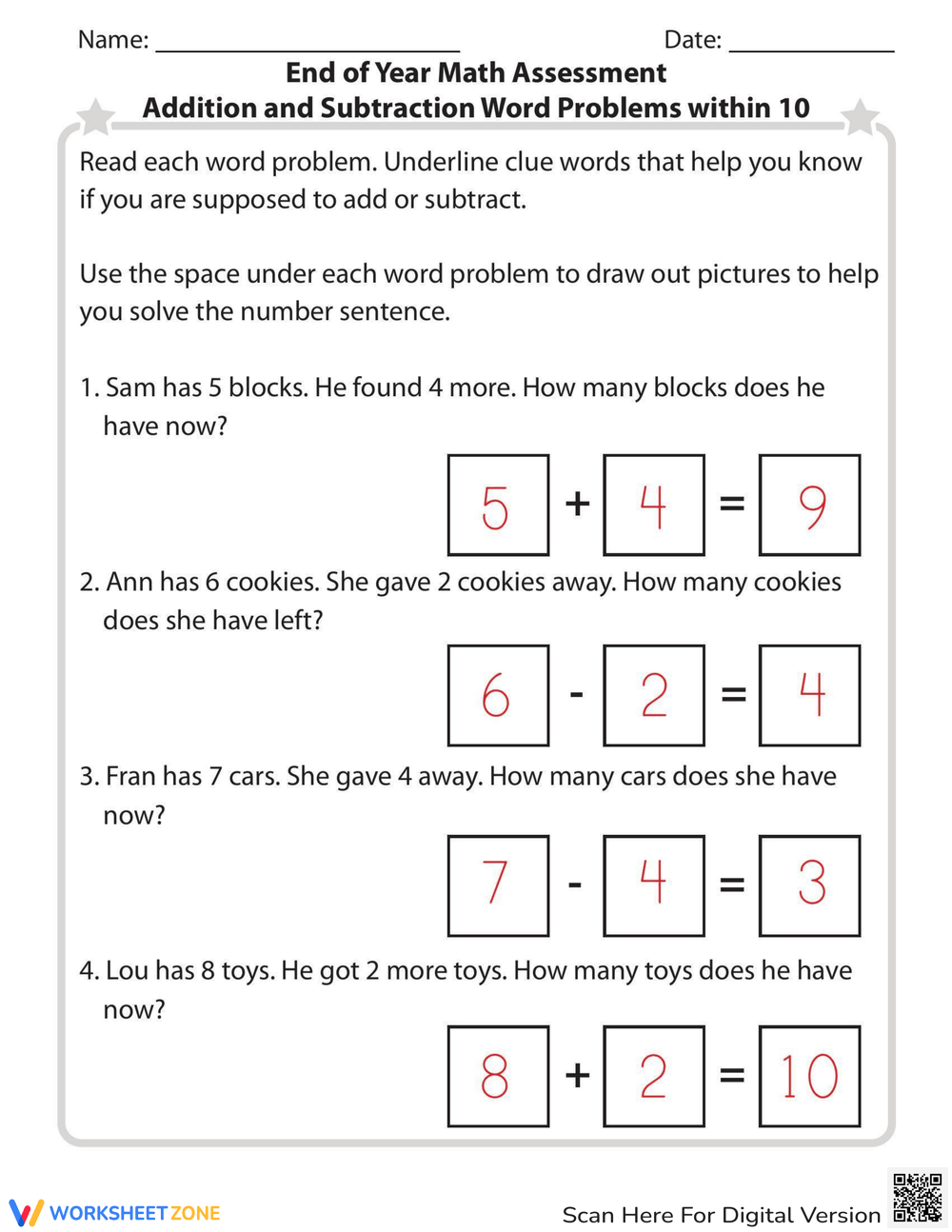 End Of Year Math Assessment Addition And Subtraction Word Problems ...