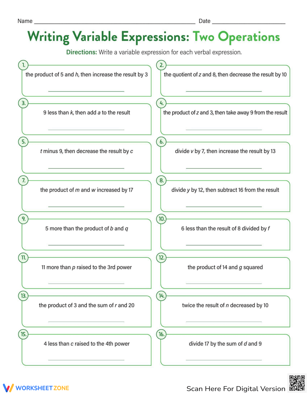 Awesome Writing Algebraic Expressions From Word Problems Worksheets 6th