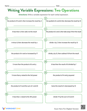 Writing Variable Expressions Worksheet