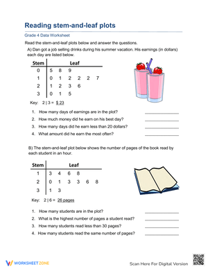 Reading Stem and Leaf Plots for Data Analysis Worksheets
