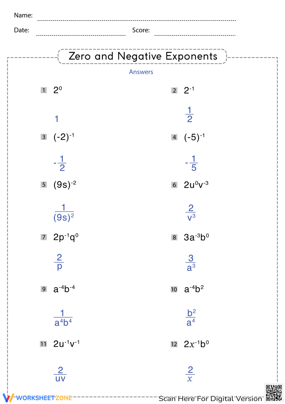 Zero And Negative Exponents Worksheet 7 1 Answers Form K Exponents