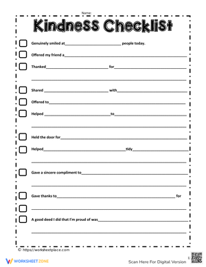 Kindness Checklist Daily Reflection Worksheet