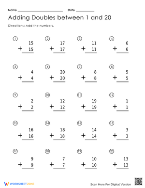 Adding Doubles Practice 1-20 Worksheets