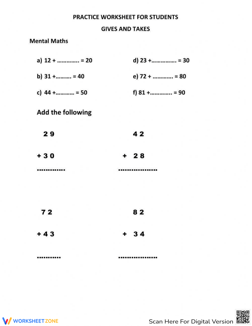Gives And Takes Addition Practice Worksheet Worksheet