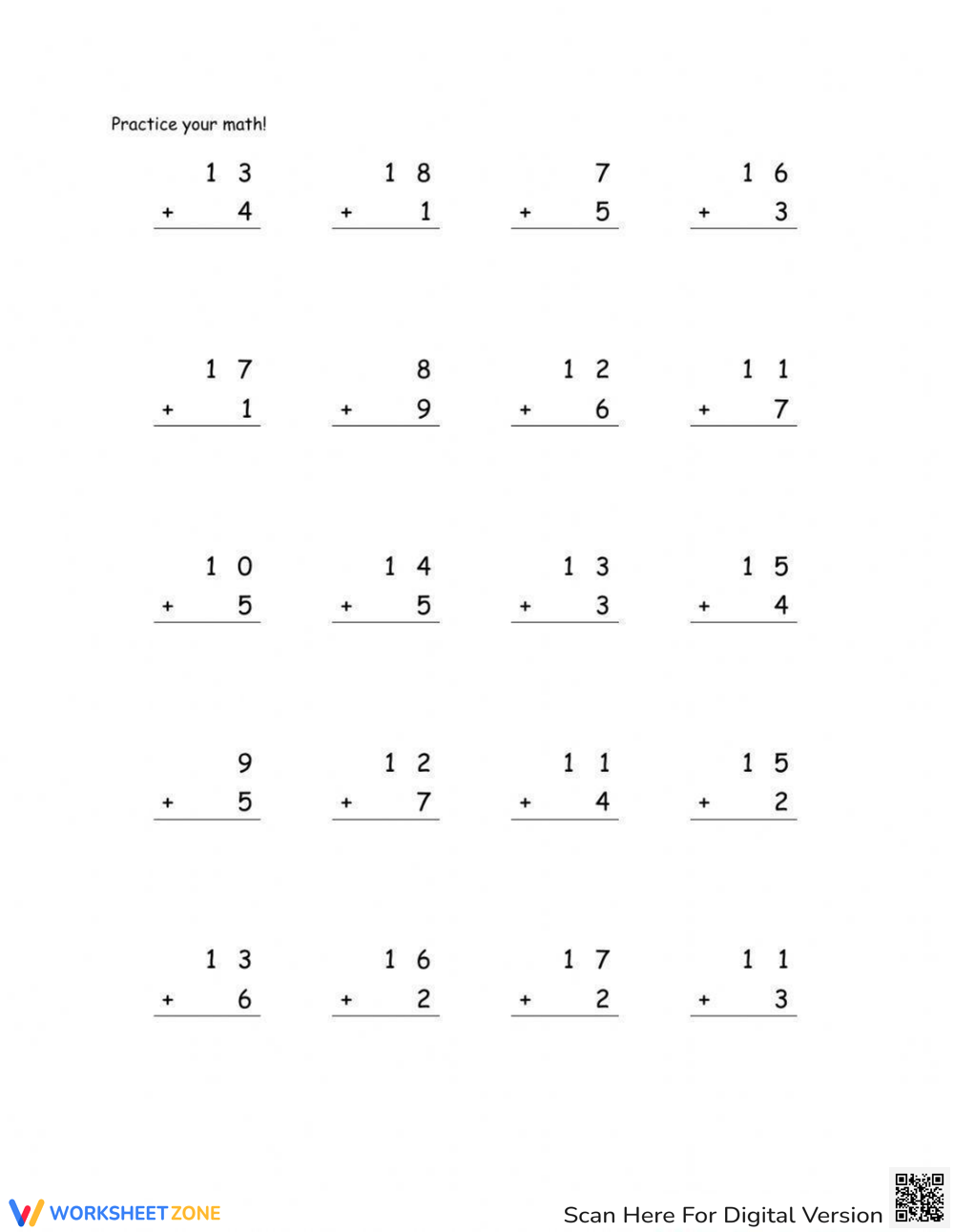 One And Two-digit Addition Practice Sheet Worksheet