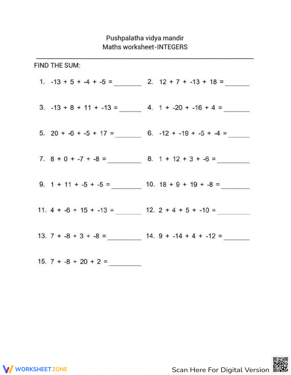 Integers Worksheet