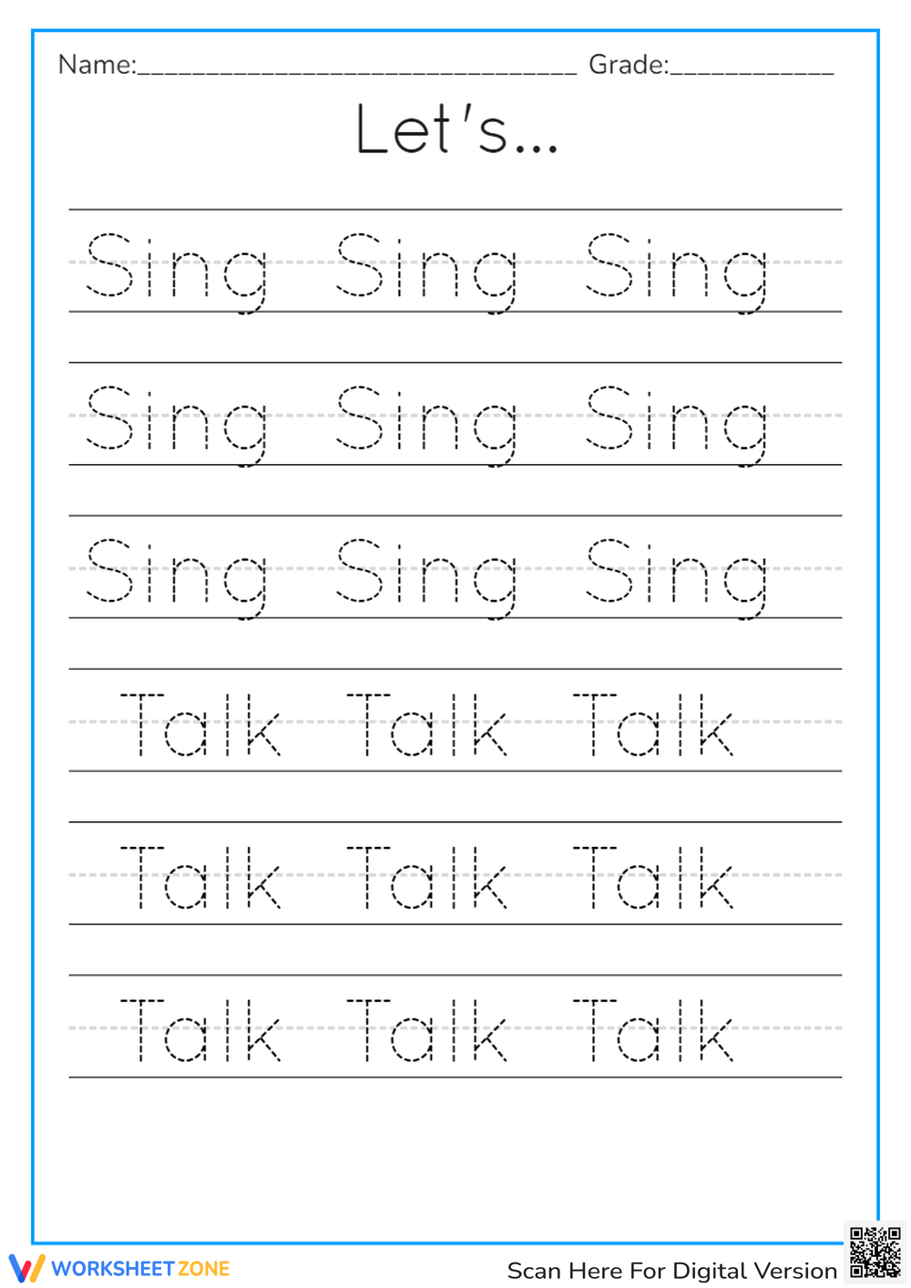 Tracing Sing Talk Sit Stand Worksheet