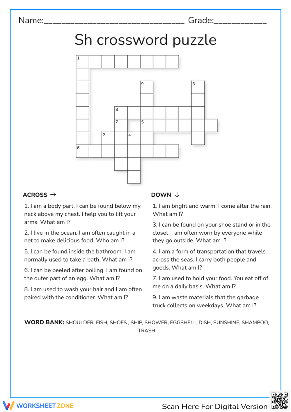'Sh' Crossword Worksheet Worksheet