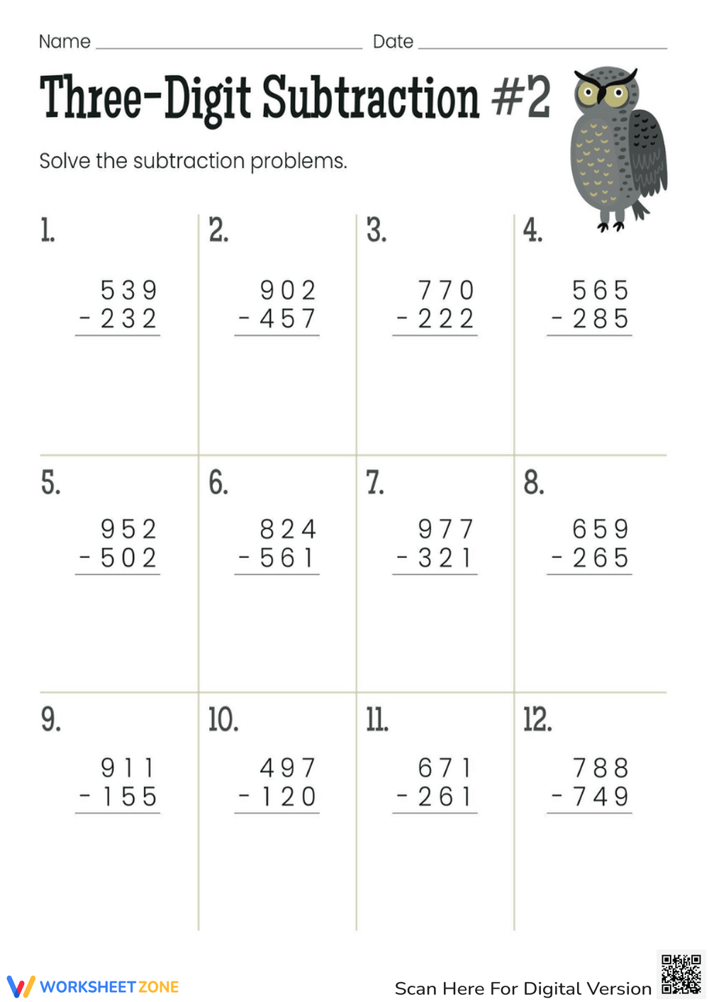 Three-Digit Subtraction #2 Worksheet