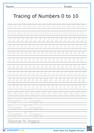 Number Tracing Fun For Kids (0-10) Worksheet