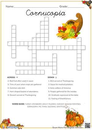 Printable Thanksgiving Cornucopia Crossword | Grade 3 Worksheets