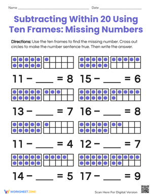 Subtracting Within 20: Using Ten Frames Worksheets
