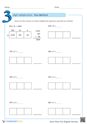 3-Digit Multiplication Using Box Method Worksheets