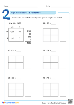 2-Digit Multiplication Using Box Method Practice Worksheets