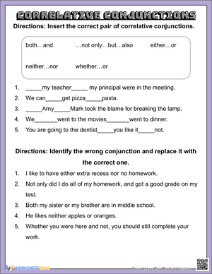 Using Correlative Conjunctions: Grammar Practice Worksheets